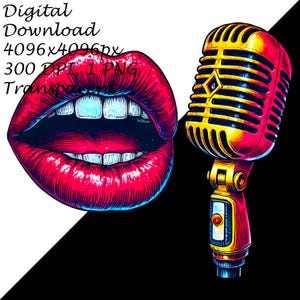 Retro Microphone & Lips Png,pop Art Singing Clipart,music Lover Digital ...