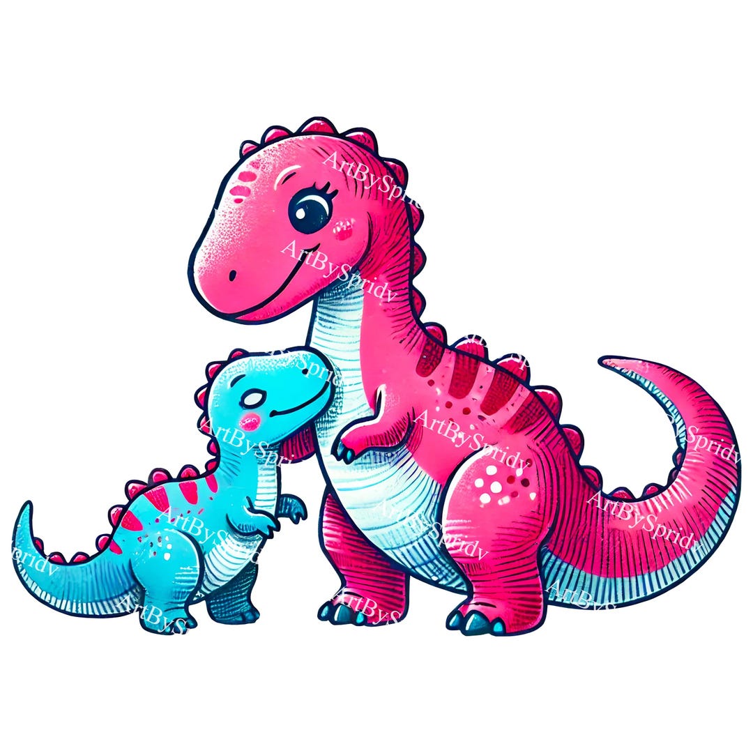 Dinosaur Mom and Baby PNG | Pink and Blue Cartoon Dino Clipart for Tee ...