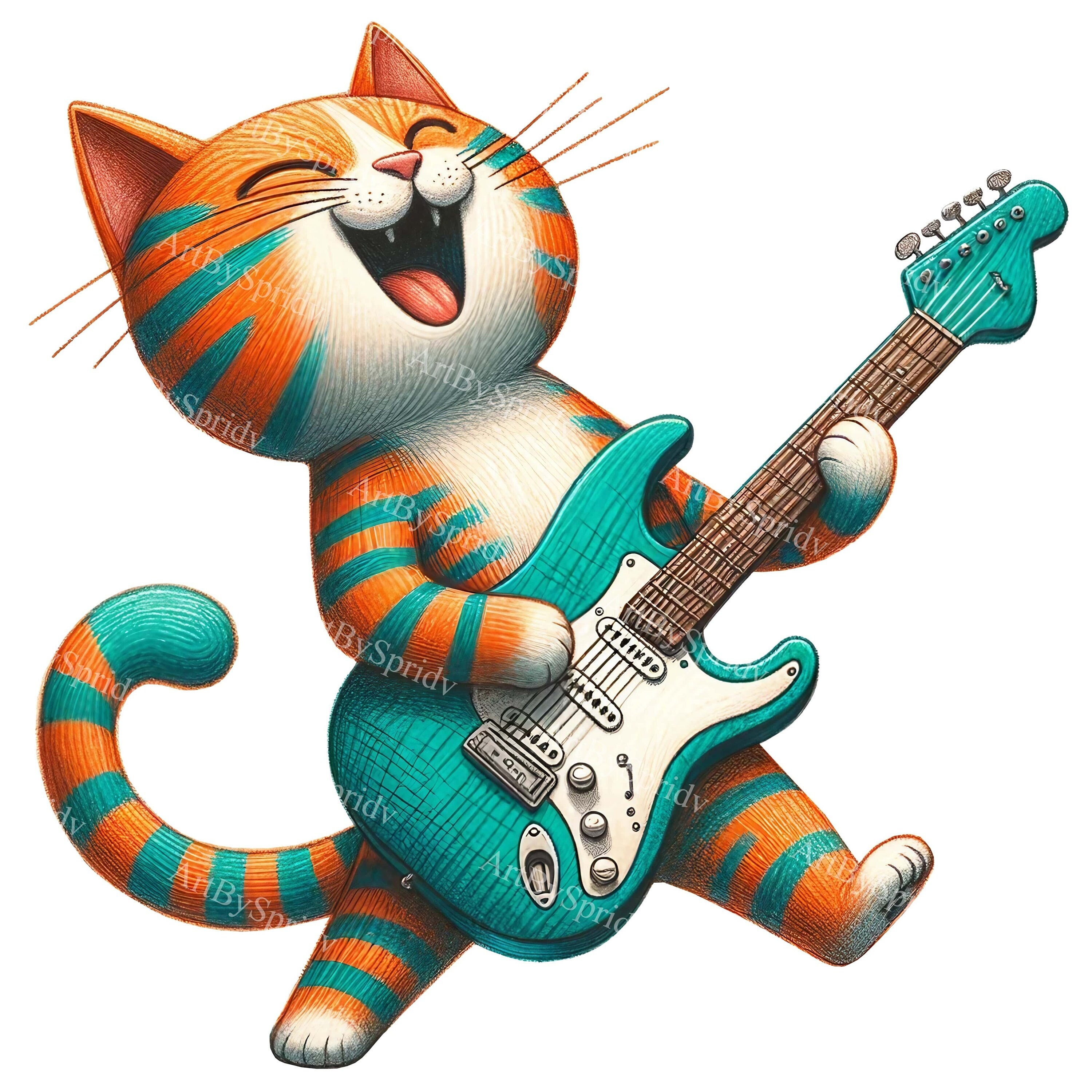 Whimsical Striped Feline Rockstar - Playful Cat Guitarist PNG Clipart ...