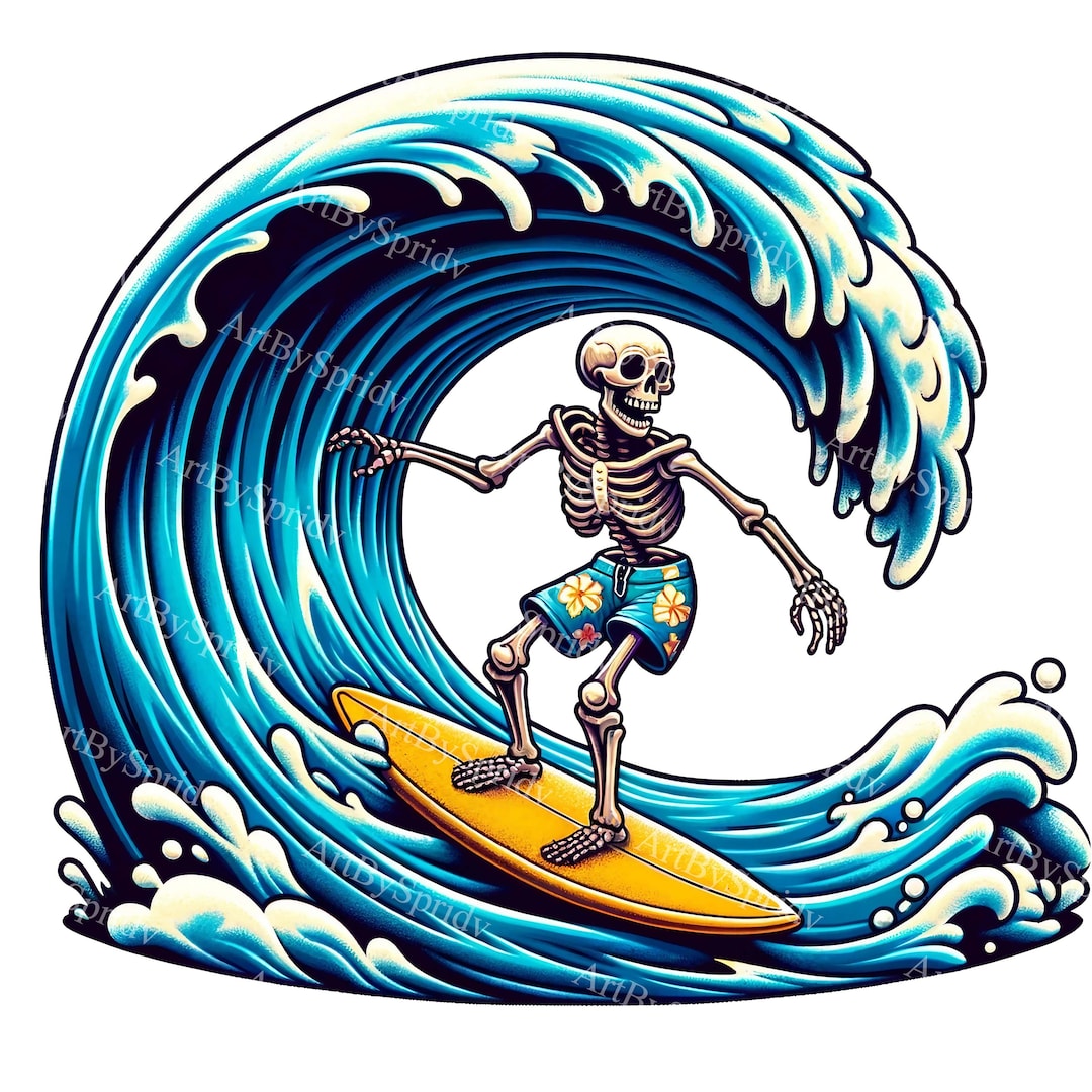 Skeleton Surfer Digital Clipart - Tropical Surfing Skeleton PNG for ...