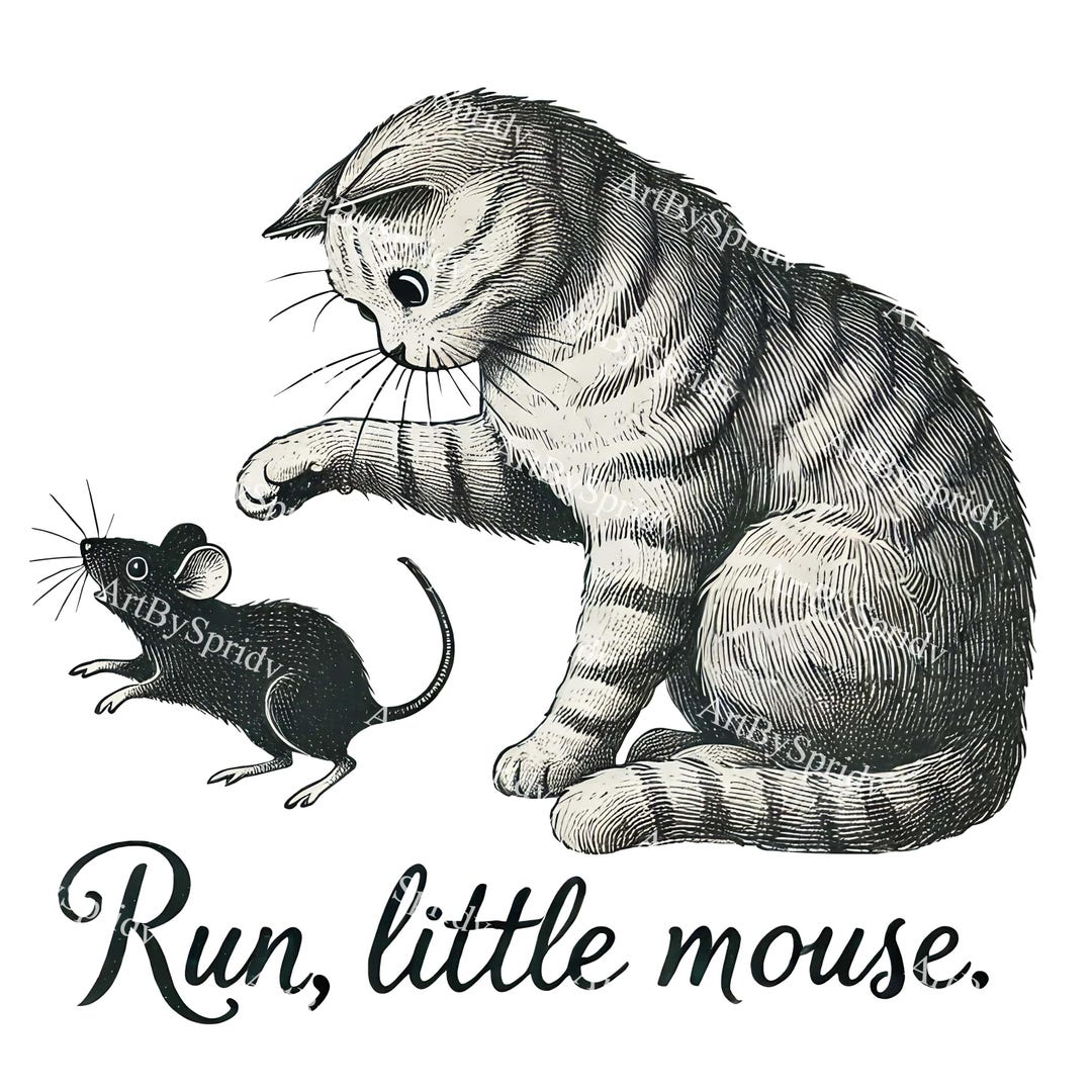 Vintage Cat & Mouse Clip Art PNG Print, "run Little Mouse" Illustration ...