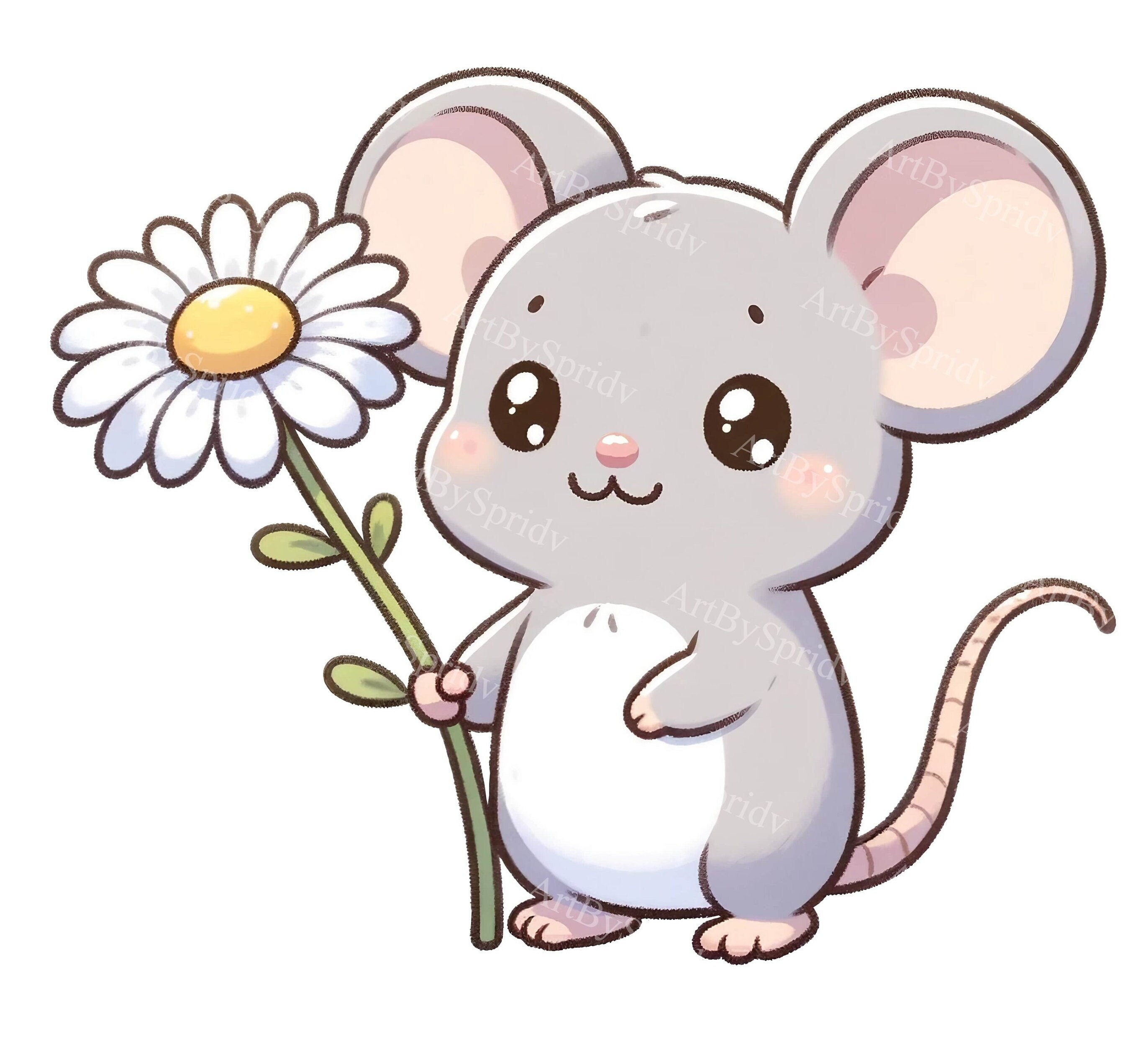 Cartoon Mouse With Daisy Flower Clipart - Watercolor Illustration PNG ...