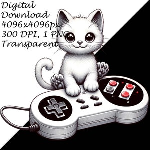 Gamer Kitty Digital Clipart | Retro Gaming Controller Cat PNG ...