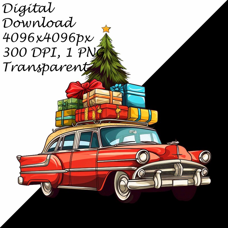 Vintage Christmas Cars Clipart Bundle, 4 Transparent Pngs of Retro ...