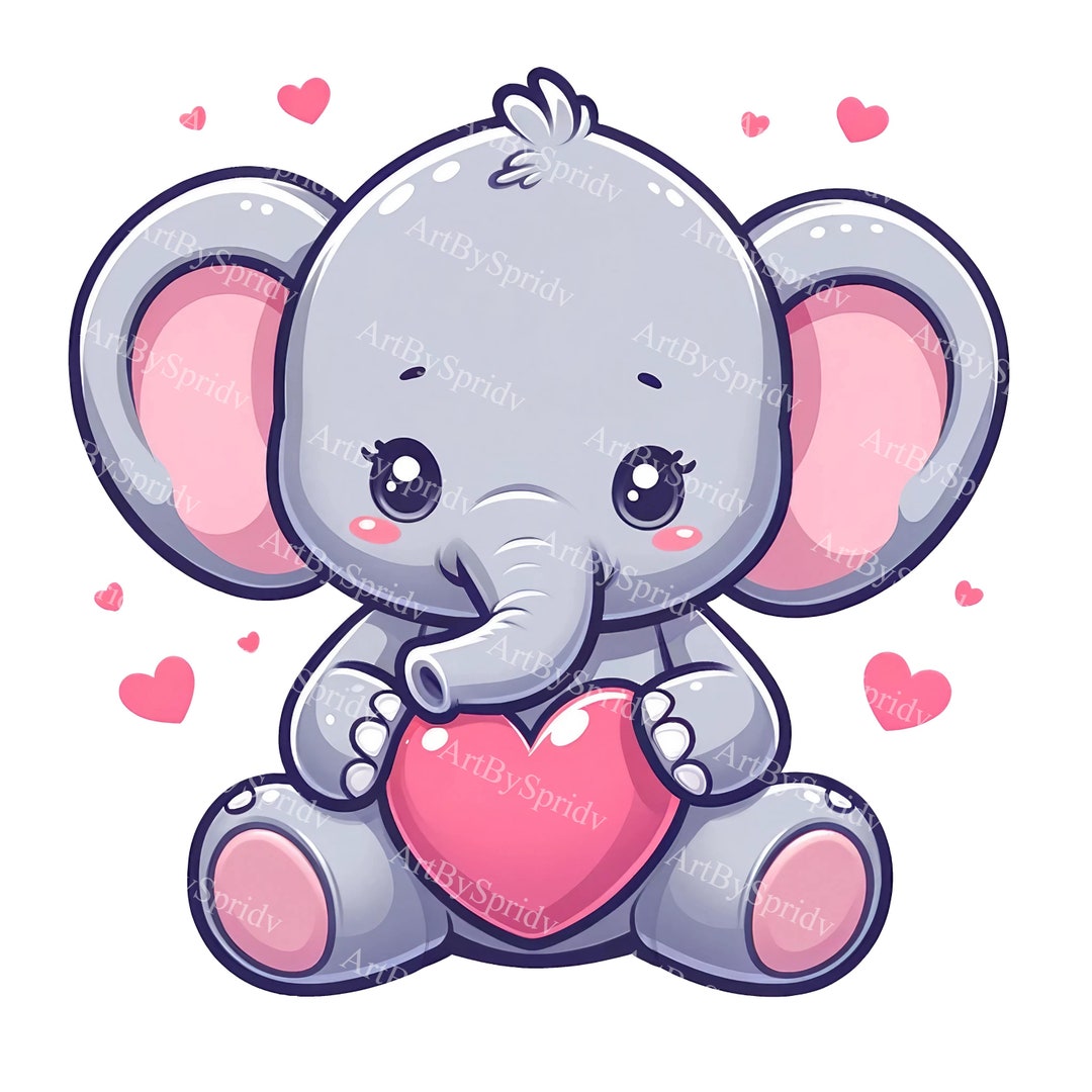 Cute Cartoon Elephant With Heart Clipart - Valentine's Day PNG for DTG ...