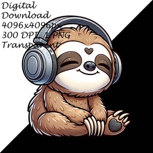 Adorable Sloth With Headphones Digital Clipart | Music Lover Cute Sloth ...