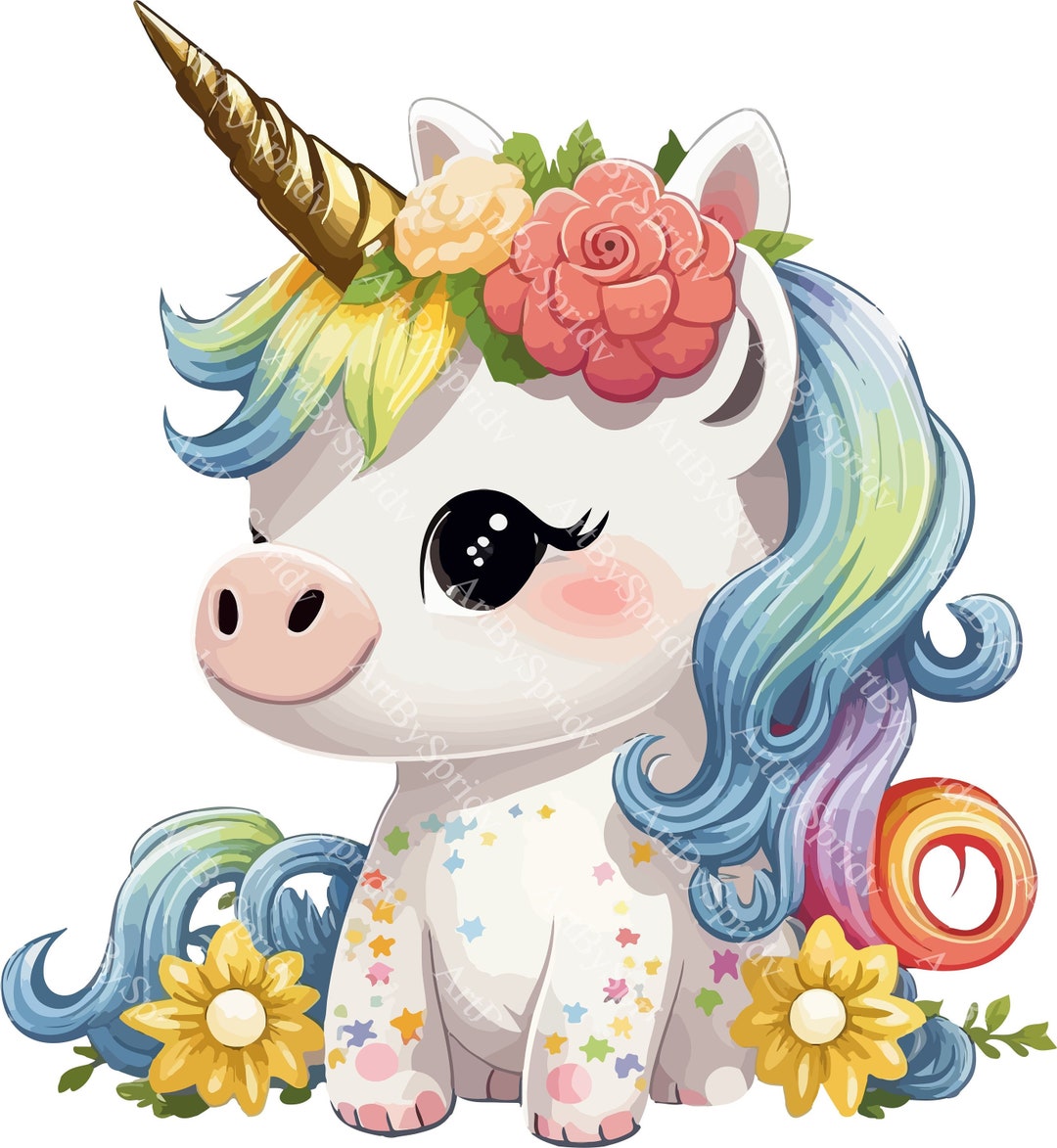 Rainbow Baby Unicorn PNG Clipart With Flower Crown, Kawaii Digital Clip ...