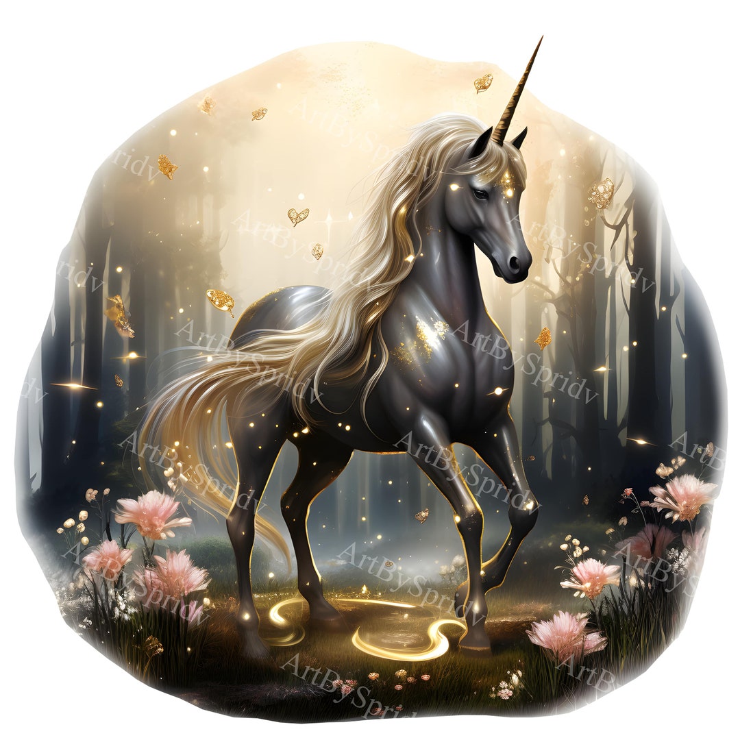 Magical Unicorn Clipart Png,golden Horn Unicorn in Misty Forest,fantasy ...