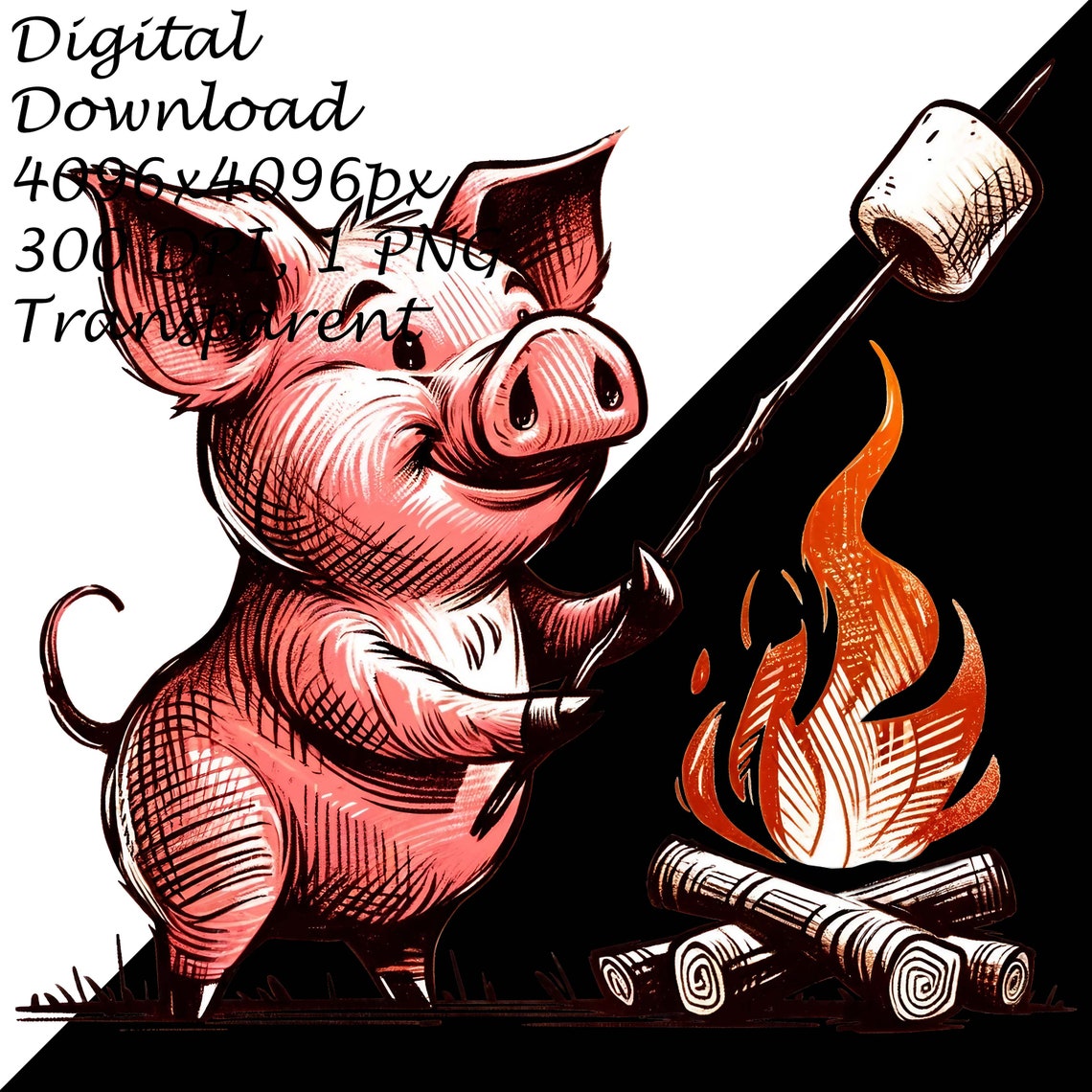 Campfire Pig Clipart, Cute Cartoon Pig Roasting Marshmallow, Hand-drawn ...