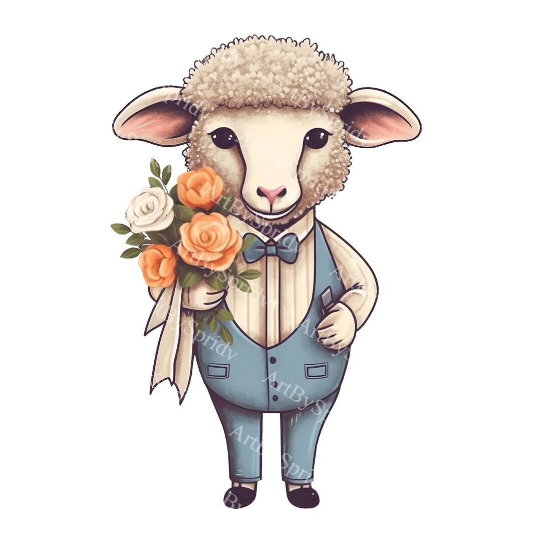Dapper Sheep Holding Floral Bouquet PNG Clipart, Animal Illustration for DIY Crafts, T-shirt ...