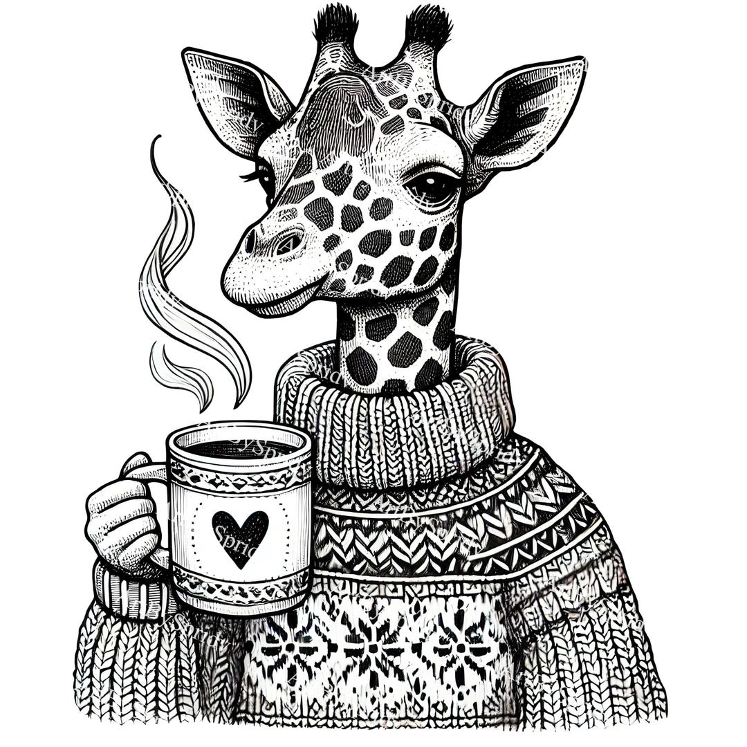 Cozy Giraffe Coffee PNG, Hand-drawn Animal Clip Art, Giraffe in Sweater ...
