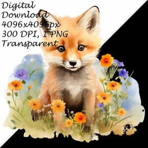 Watercolor Baby Fox Cub Near Wildflowers in Meadow-transparent 3 PNG ...