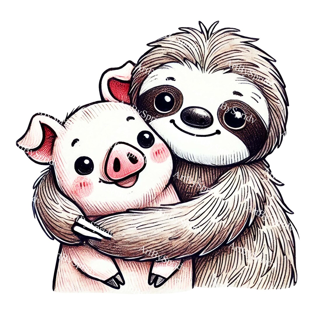 Sloth Hugging Pig Clipart, Transparent PNG Animal Illustration for DIY ...