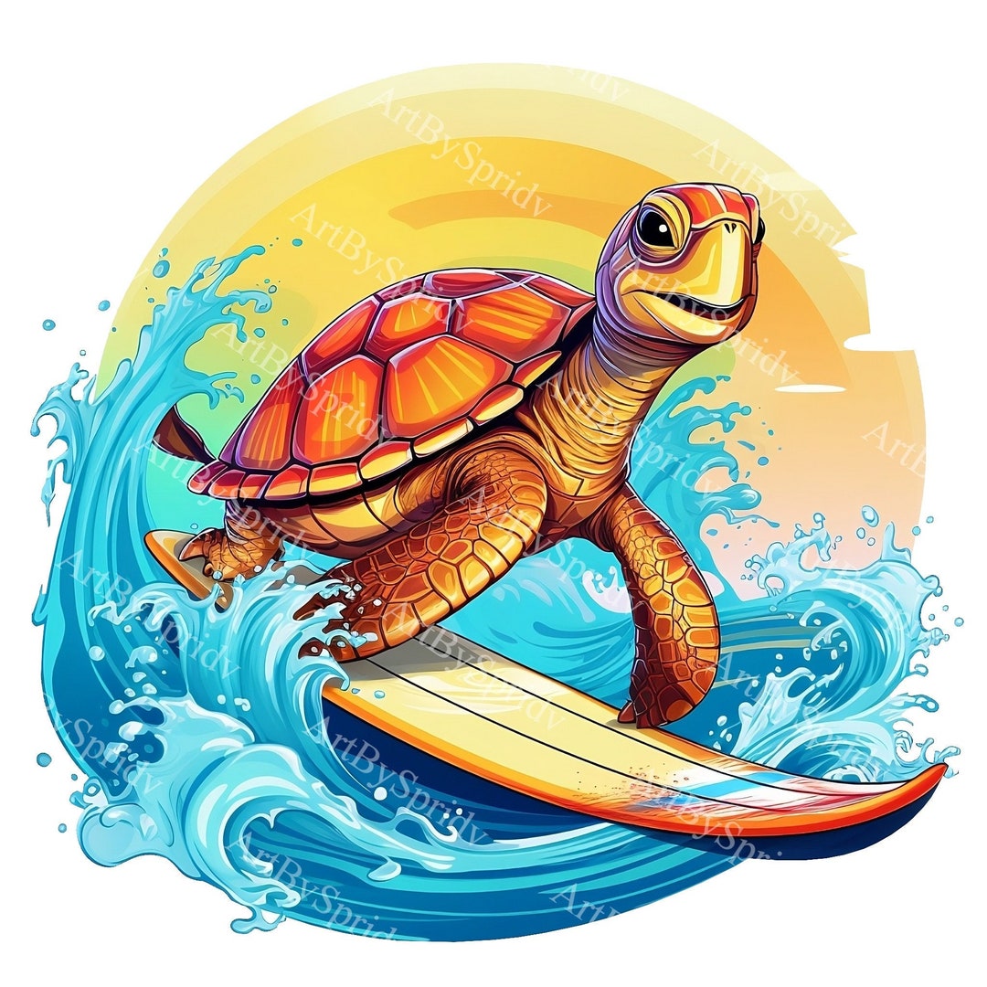 Colorful Surfing Turtle Clipart Tropical Ocean Surf Digital Art Summer ...