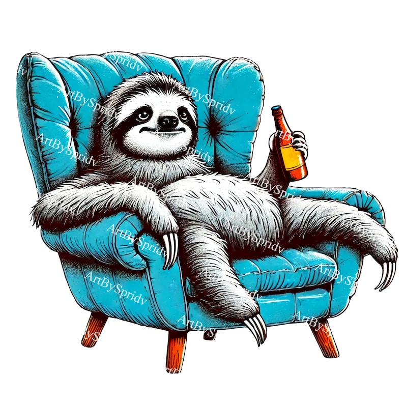 Lazy Sloth Clipart PNG – Cartoon Sloth Relaxing in Armchair With Beer ...