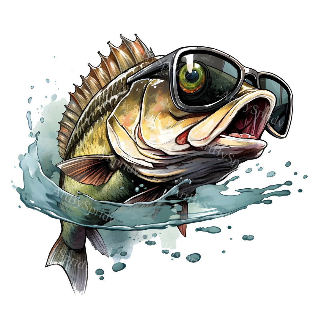 Watercolor Cool Bass Fish With Sunglasses Clip Art - Printable T Shirt ...