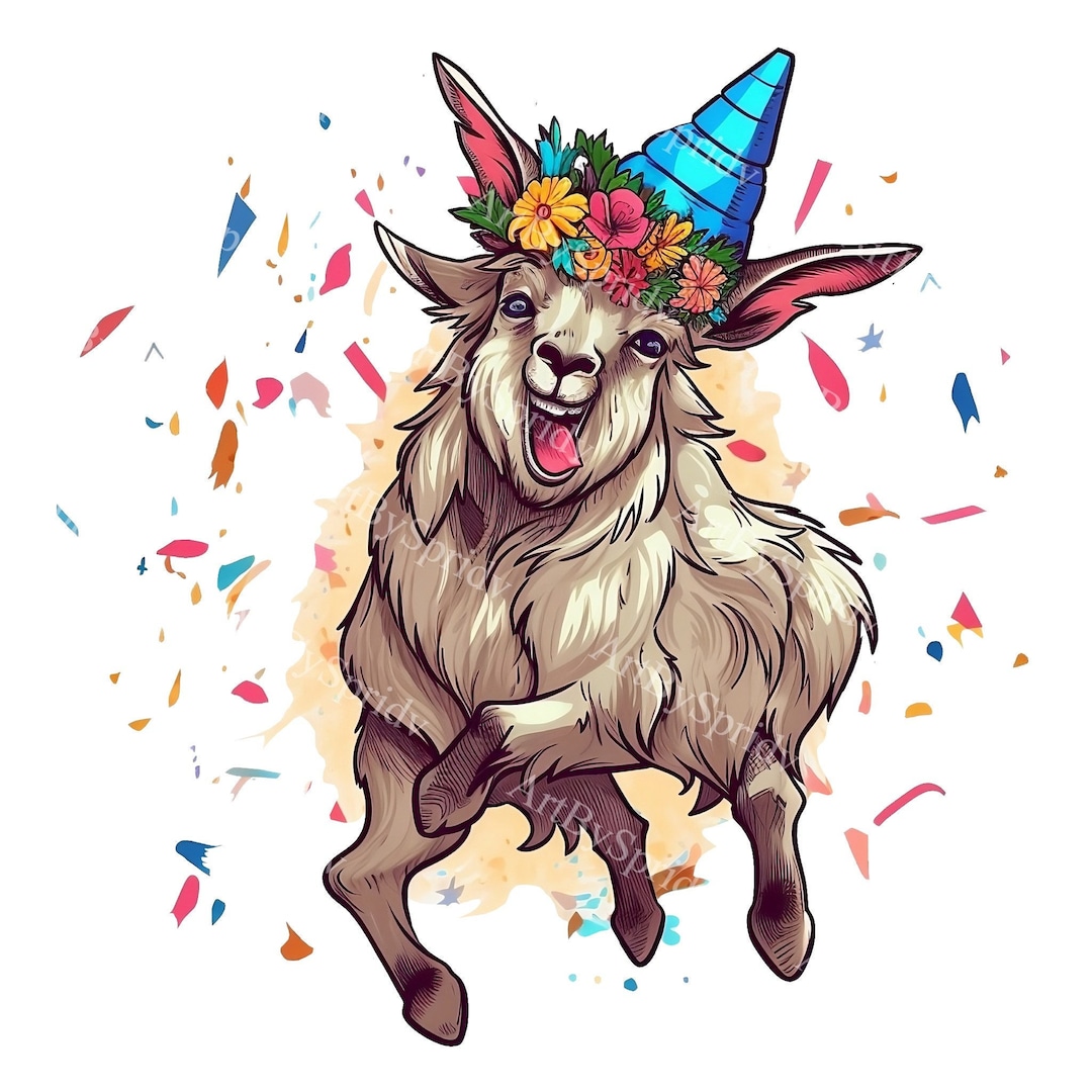 Funny Party Goat Clipart – Goat Wearing Hat and Flower Crown PNG for ...