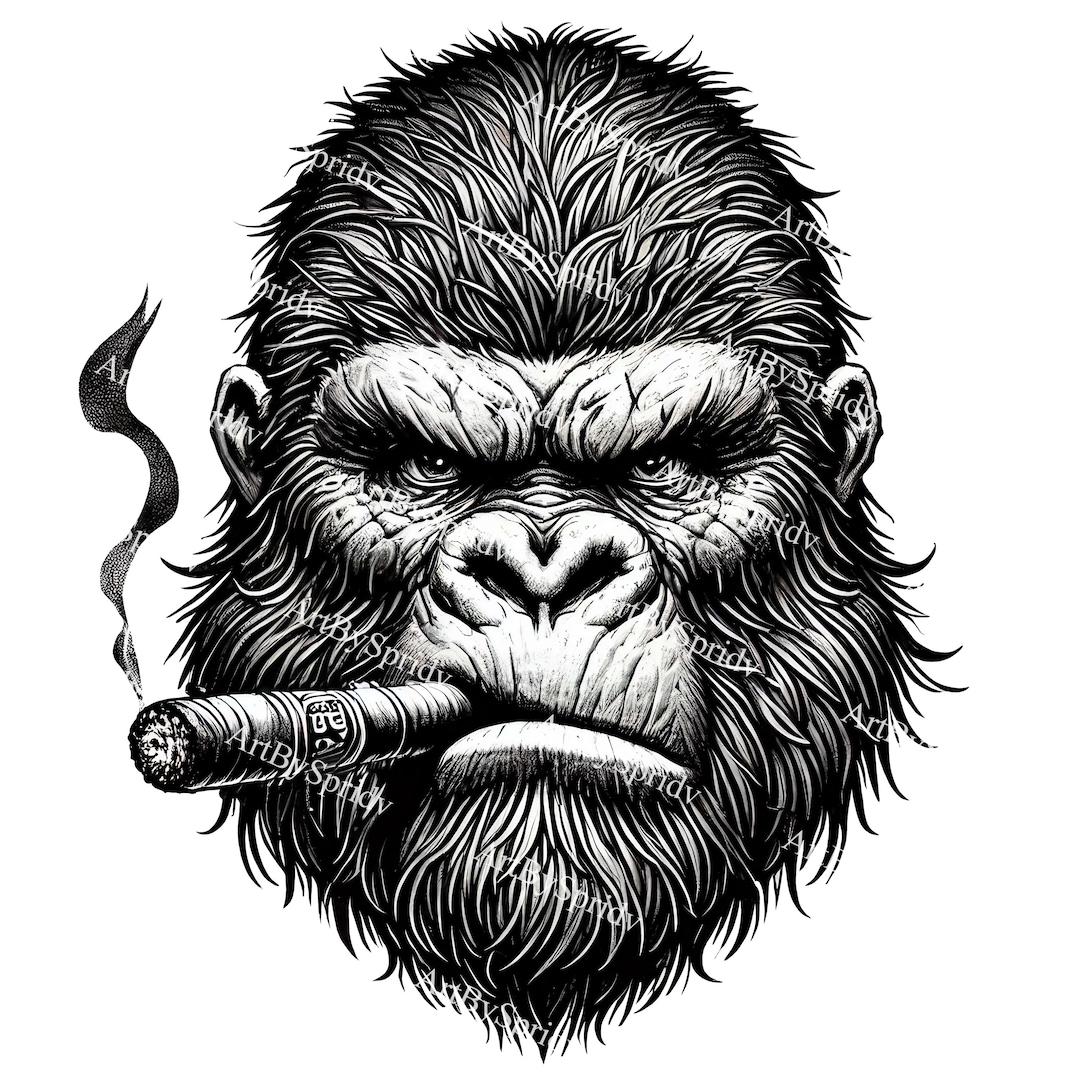 Badass Gorilla Smoking Cigar PNG, Cool Monkey Head Illustration Tattoo ...