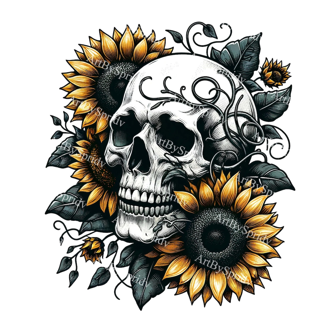Intricate Skull & Sunflowers PNG Clipart, Floral Skeleton Digital ...