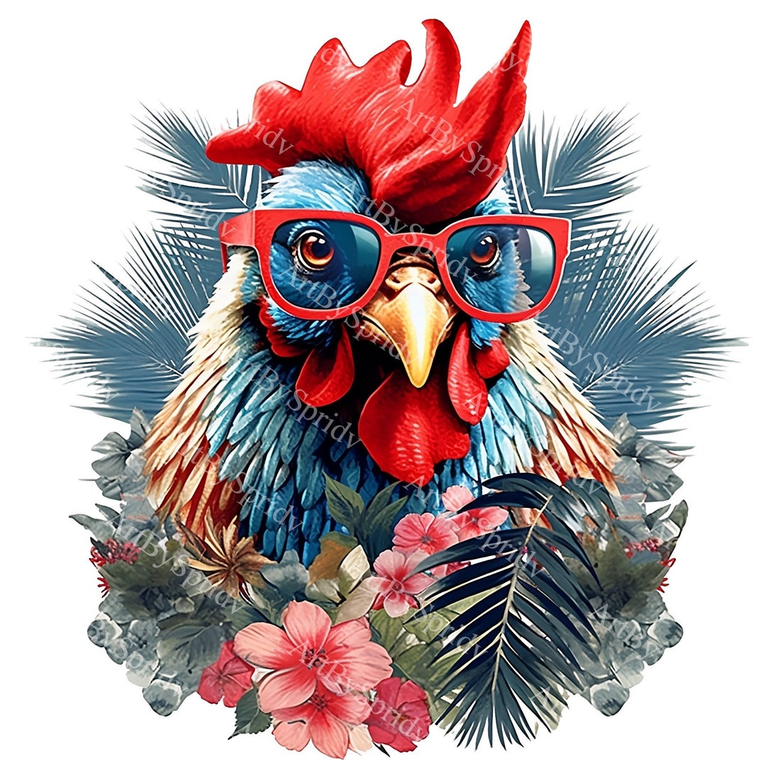 Rooster With Red Sunglasses & Tropical Flowers,vibrant Clipart PNG for ...