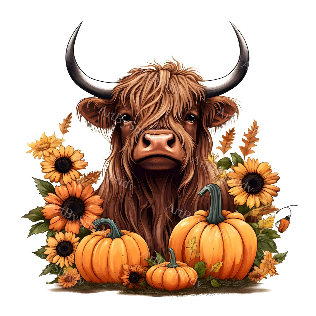 Autumn Highland Cow Clipart - Pumpkin & Sunflower Fall Digital Clip Art ...