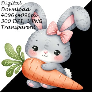 Watercolor Bunny Clipart With Bow & Carrot - Cute Rabbit Digital PNG ...