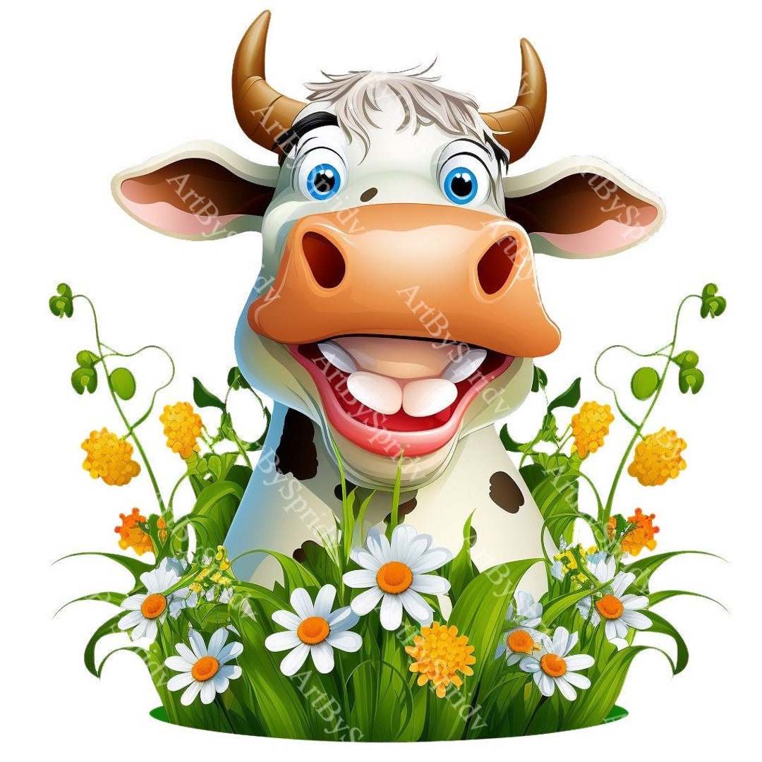Farm Cow With Flowers PNG Clipart,smiling Animal Illustration With ...