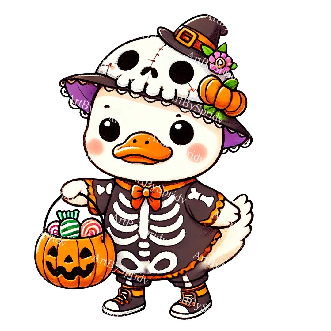 Halloween Duck Skeleton PNG Clipart in Witch Hat & Pumpkin Bucket ...