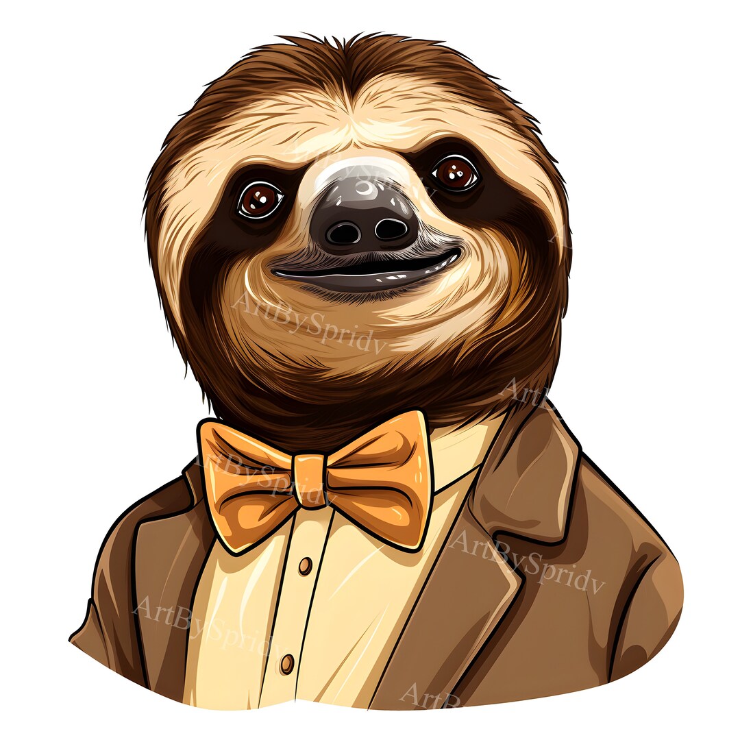 Dapper Sloth in Bow Tie Clipart PNG, Elegant Animal Digital Art, Funny ...