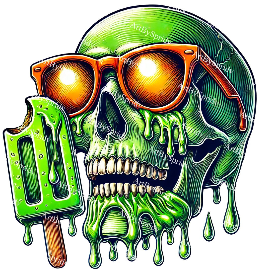 Melting Skull Popsicle PNG, Retro Horror Drip Skull Clipart, Neon ...