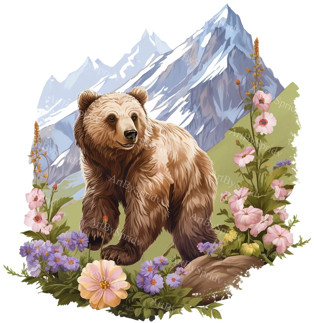 Bear Exploring Alpine Flowers Clipart Set|4 PNG Files|nature Wildlife ...