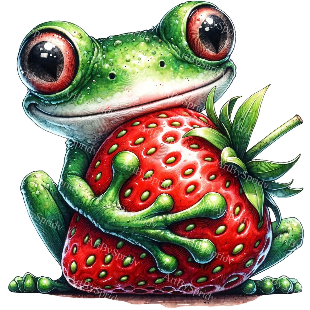 Adorable Cartoon Frog Clipart With Strawberry - Cute Froggy Digital Art ...