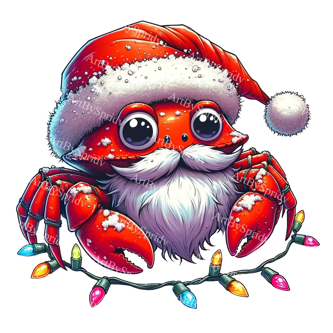 Christmas Crab Clipart With Santa Hat and Festive Lights - Snowy Holiday Digital PNG, Red Crab ...