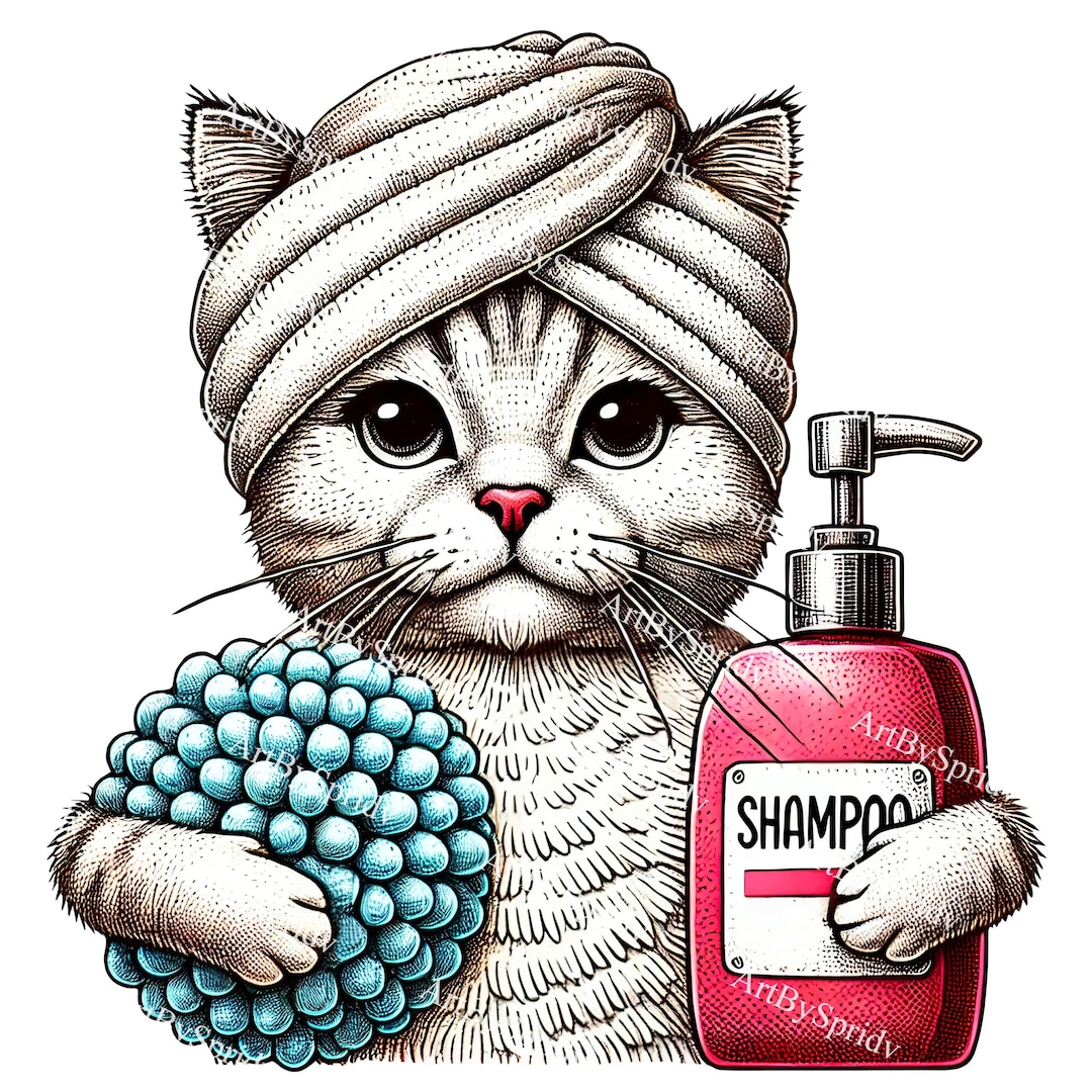 Adorable Cat Clipart With Towel Turban, Shampoo Bottle, Bath Loofah ...