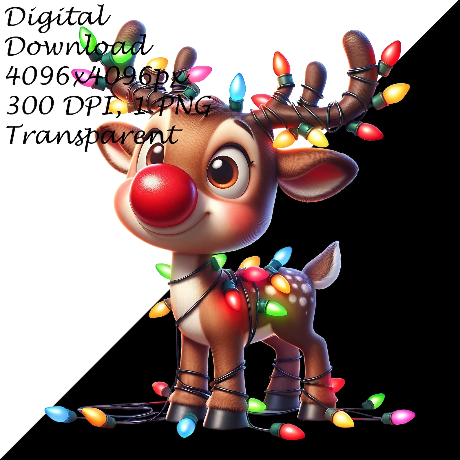 Reindeer Christmas Lights Clipart PNG - Playful Reindeer With Red Nose ...