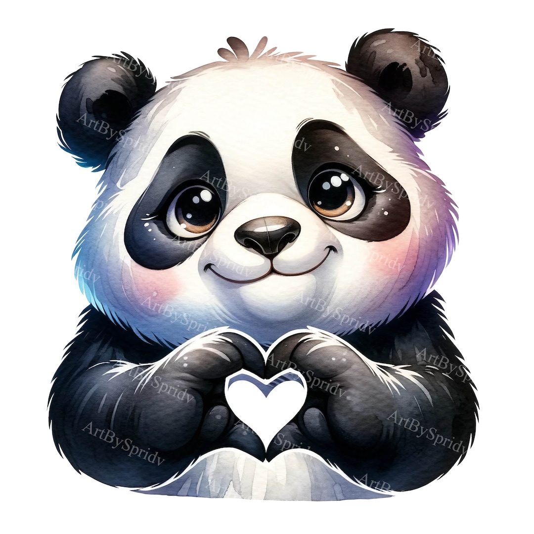 Watercolor Panda Heart Clipart - Cartoon Panda Digital PNG for DTG, T ...