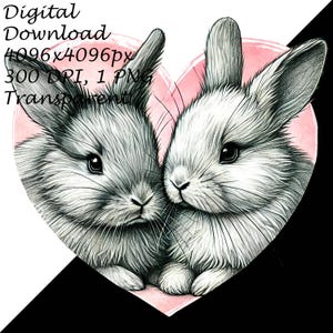 Romantic Bunny Couple Clipart – Cute Sketch-style Rabbits in Heart ...