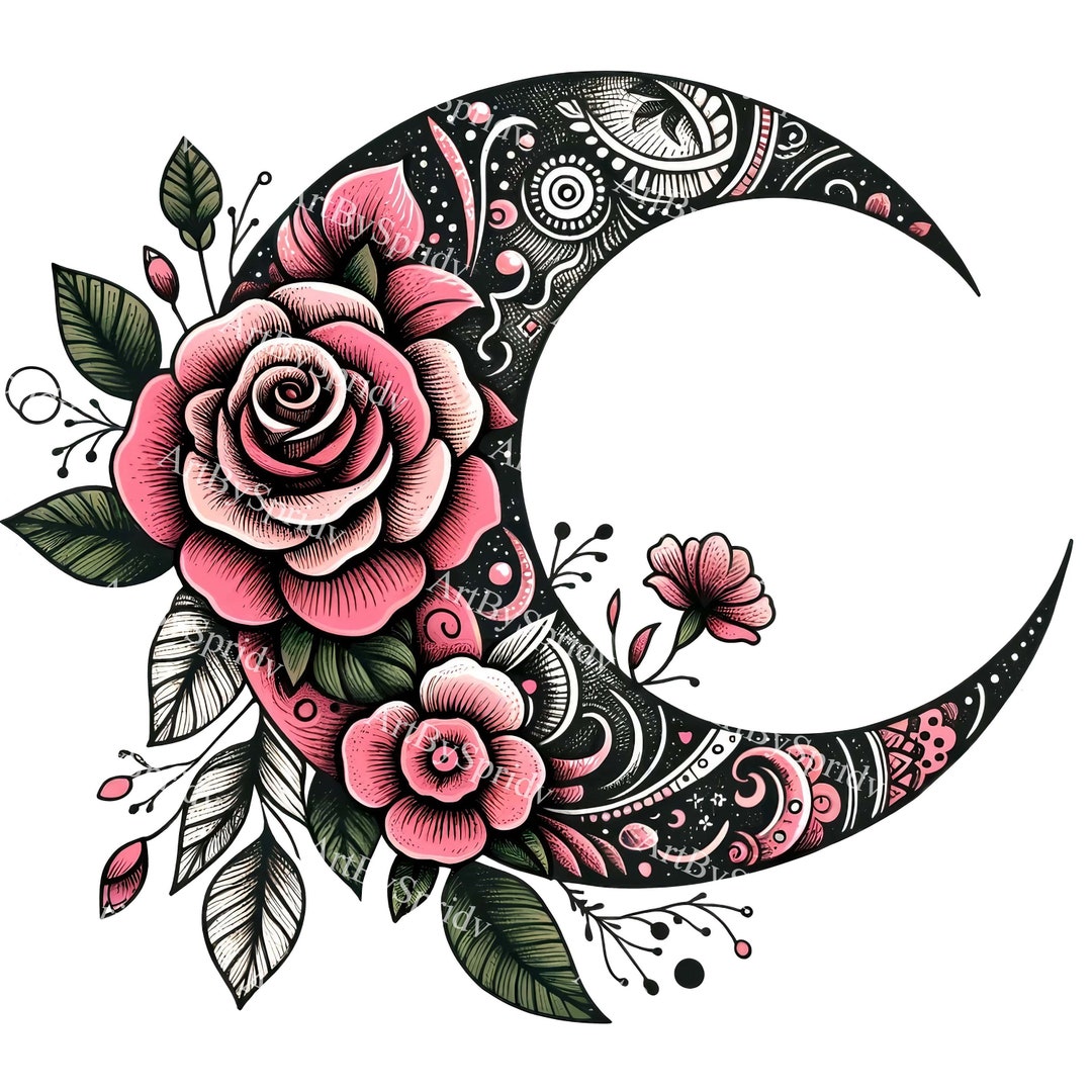 Hand-drawn Crescent Moon With Floral Elements Transparent PNG, Bohemian ...