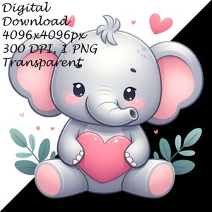 Cute Cartoon Elephant With Heart Clipart - Valentine's Day PNG for DTG ...