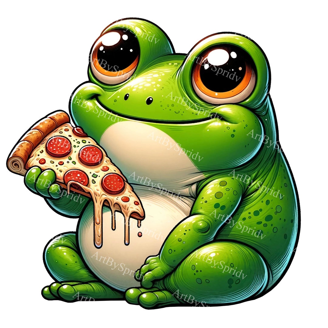 Green Frog Holding Pizza Clipart - Cute Amphibian Cartoon PNG for DIY ...