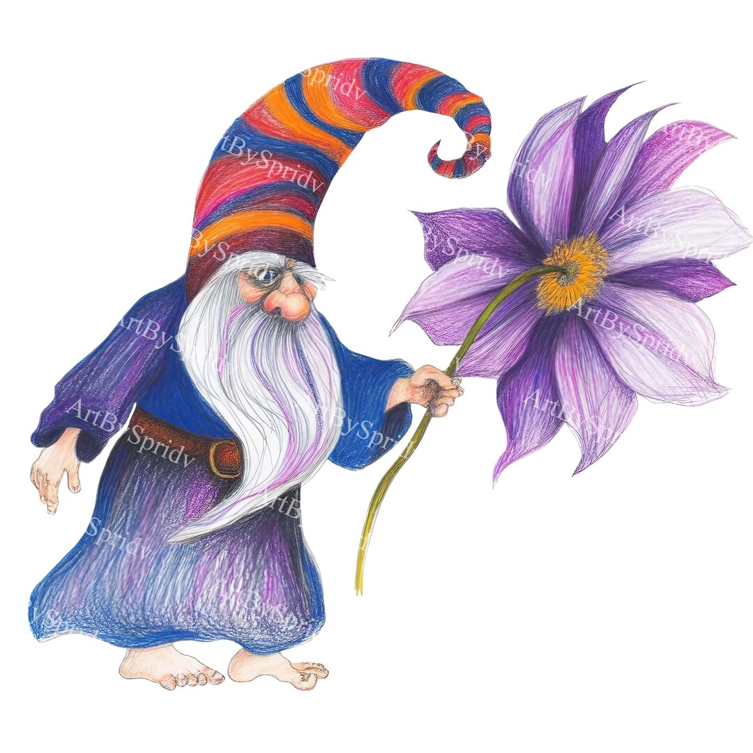 Magical Gnome Holding Flower Clipart - Fantasy Garden Digital PNG ...