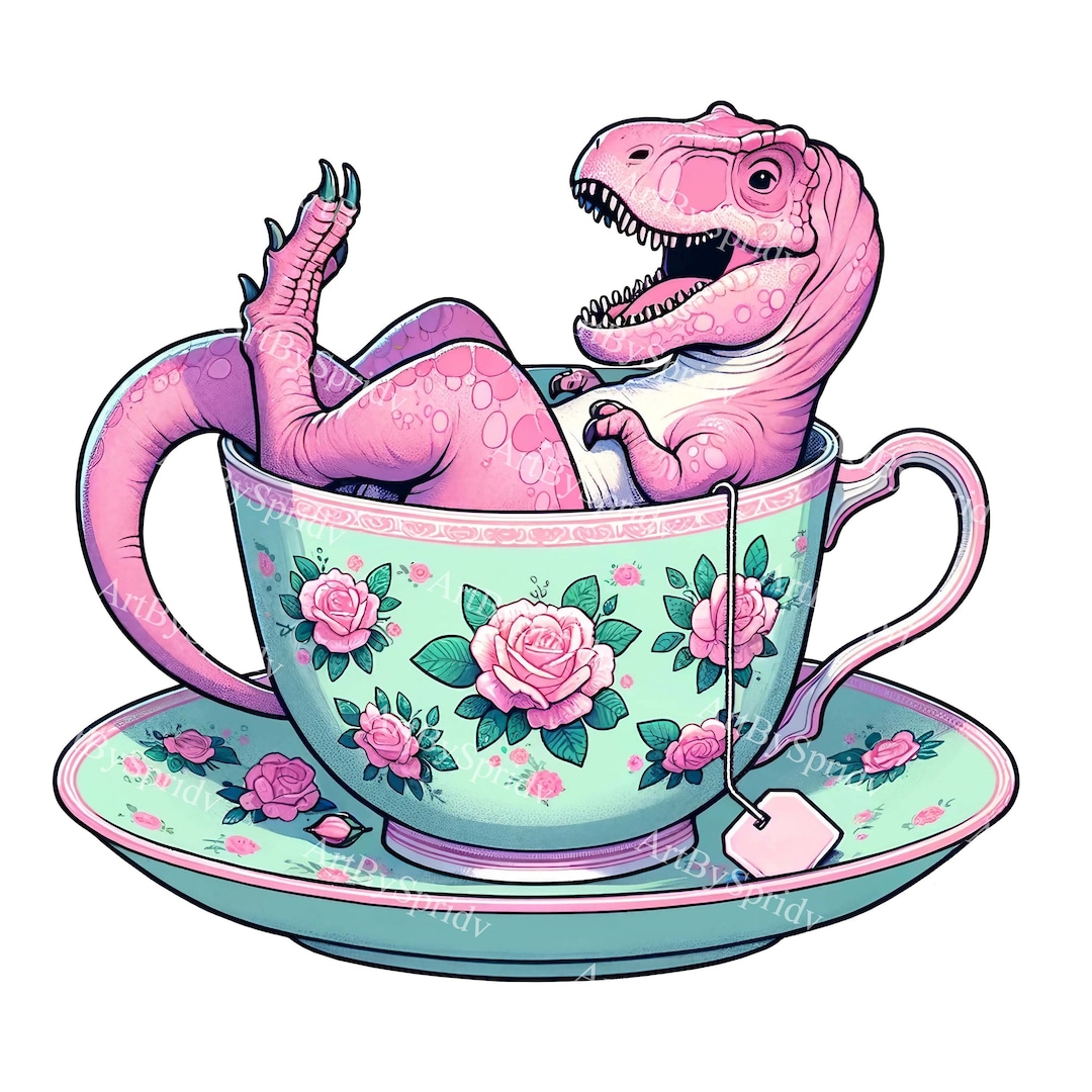 Whimsical Dinosaur Tea Party Clipart - T-rex in Teacup, Digital ...
