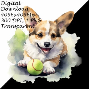 Cute Watercolor Corgi Puppy Dog With Tennis Ball - Transparent 4 PNG ...