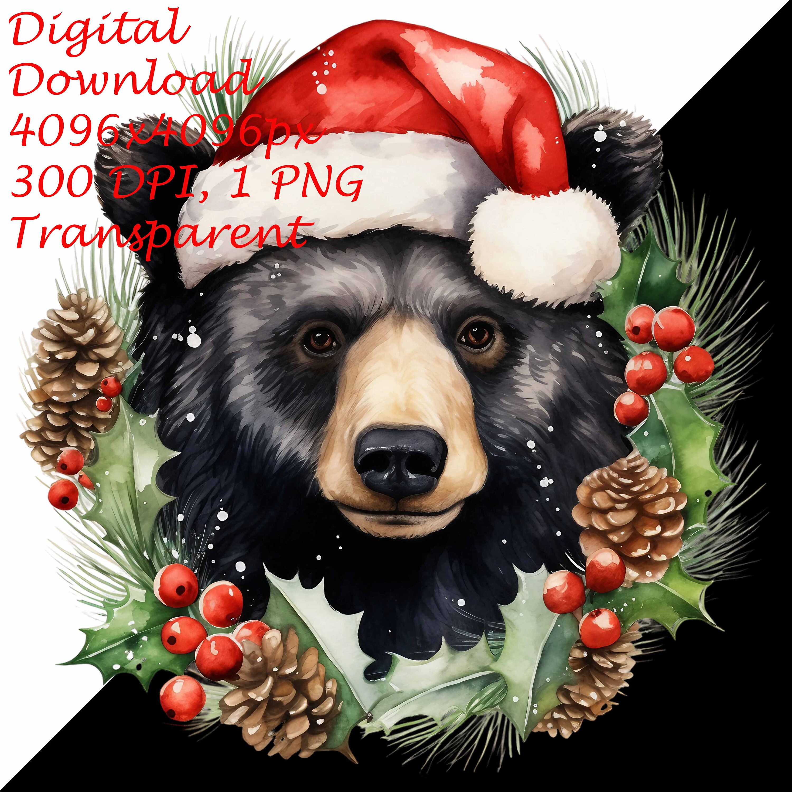 Christmas Black Bear PNG Clipart Set With Santa Hat & Holiday Wreaths ...