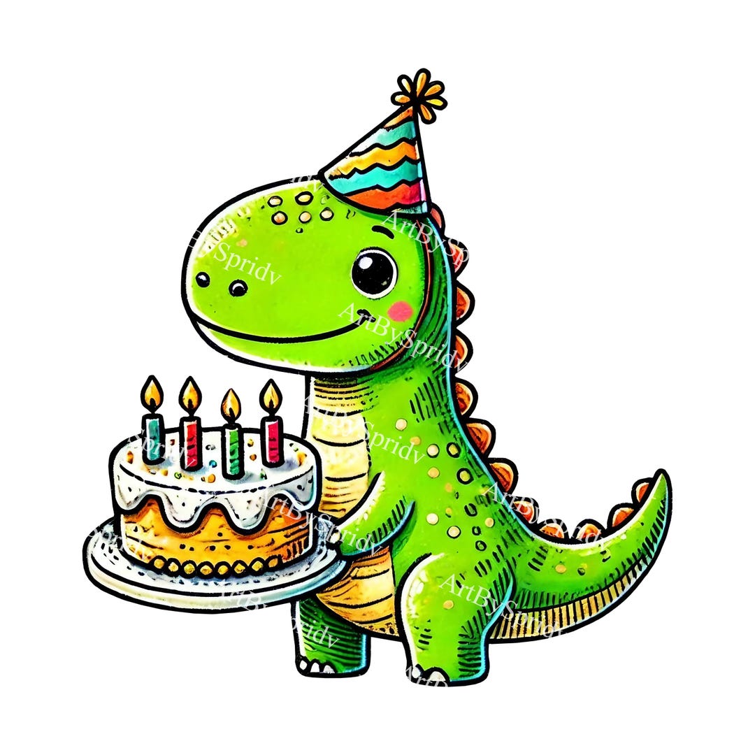 Birthday T-rex Dinosaur PNG Clipart,cute Green Dino With Party Hat&cake ...