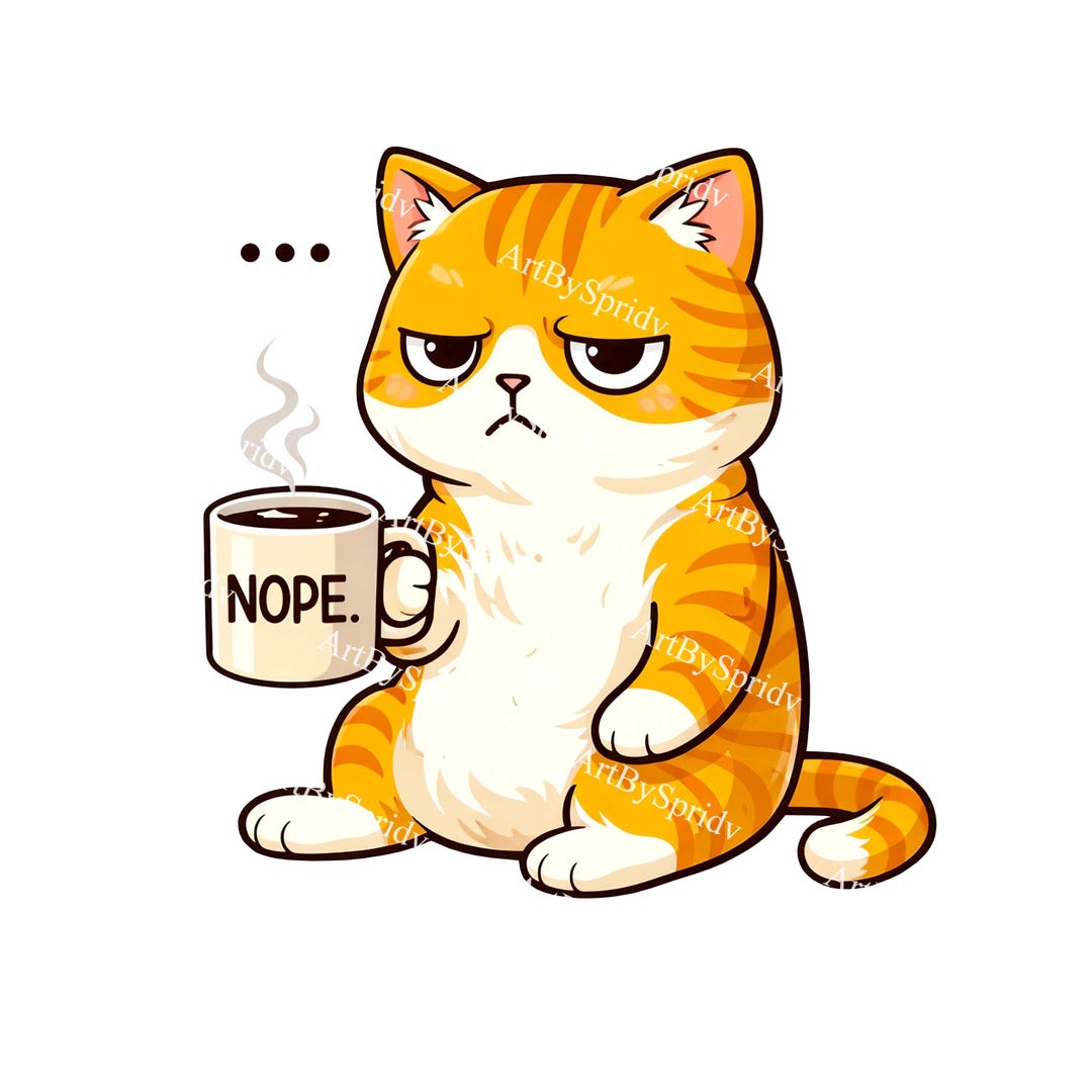 NOPE Cat PNG, Grumpy Orange Tabby With Coffee Mug Clipart, Sarcastic ...