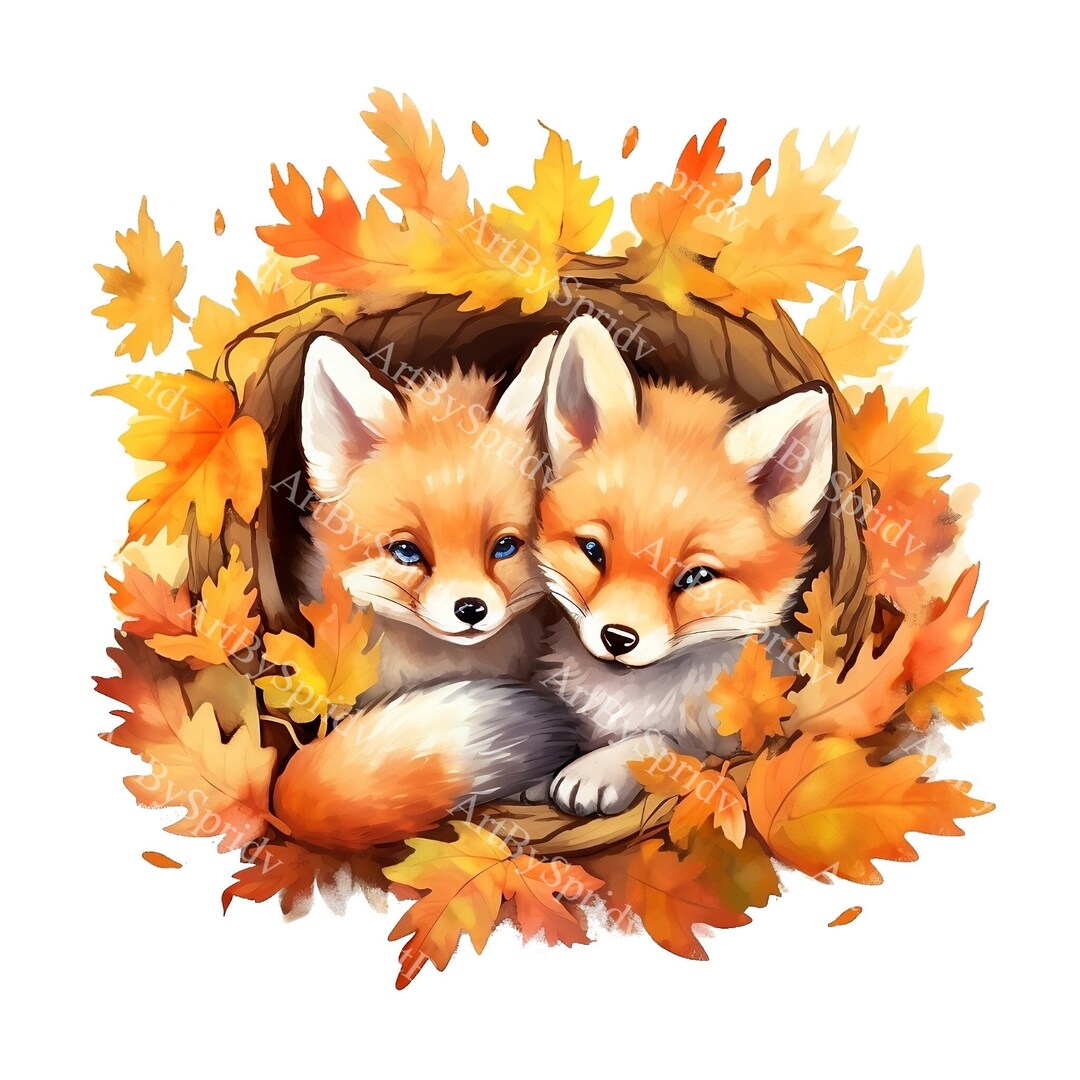 Adorable Fox Clipart PNG, Cute Baby Foxes Nestled in Autumn Leaves ...