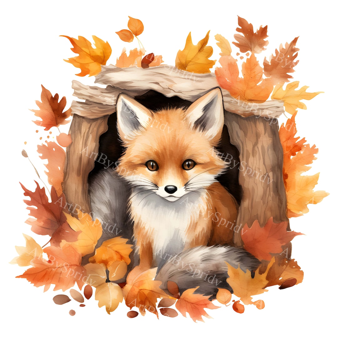 Autumn Fox Clipart - Cute Watercolor Fox Nestled in Fall Leaves ...