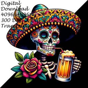 Festive Dia De Los Muertos Clipart-sugar Skull With Sombrero&beer Png ...