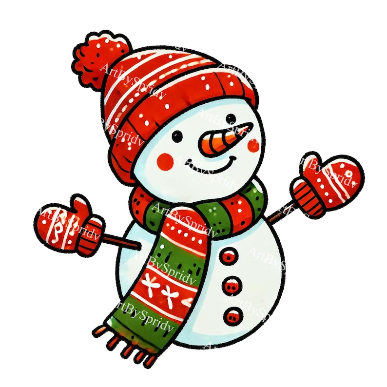 Cute Christmas Snowman With Red Hat, Scarf & Mittens PNG Clipart ...